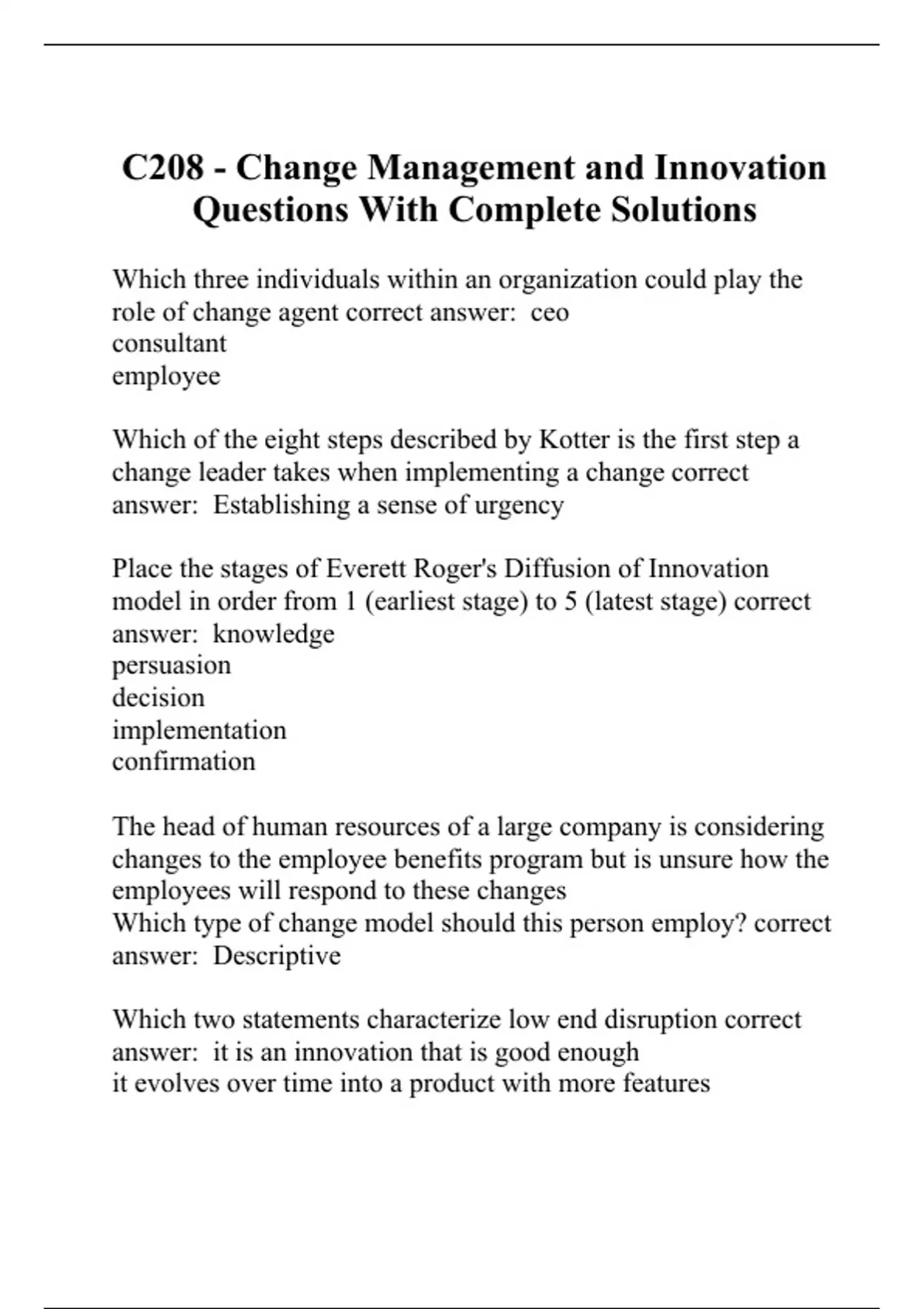 C208 - Change Management and Innovation Questions With Complete ...