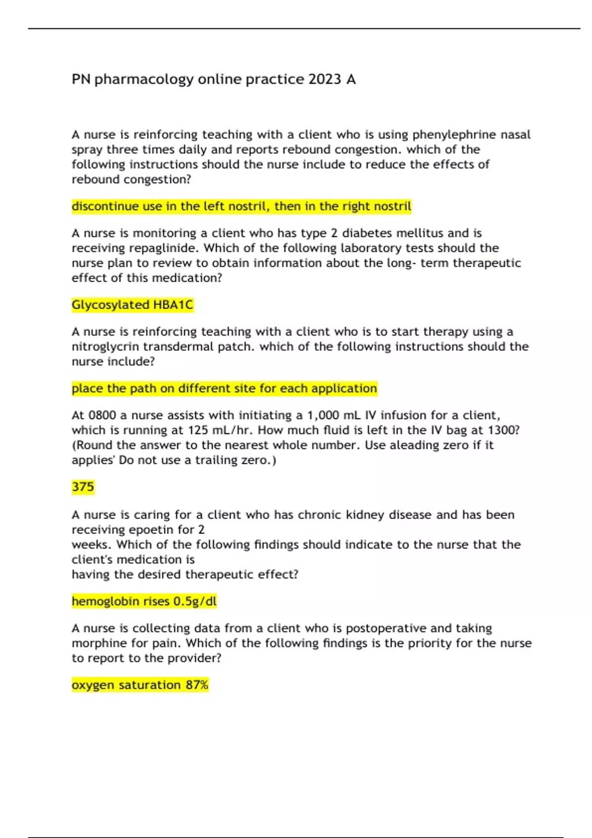 PN pharmacology online practice 2023 A - PN pharmacology - Stuvia US