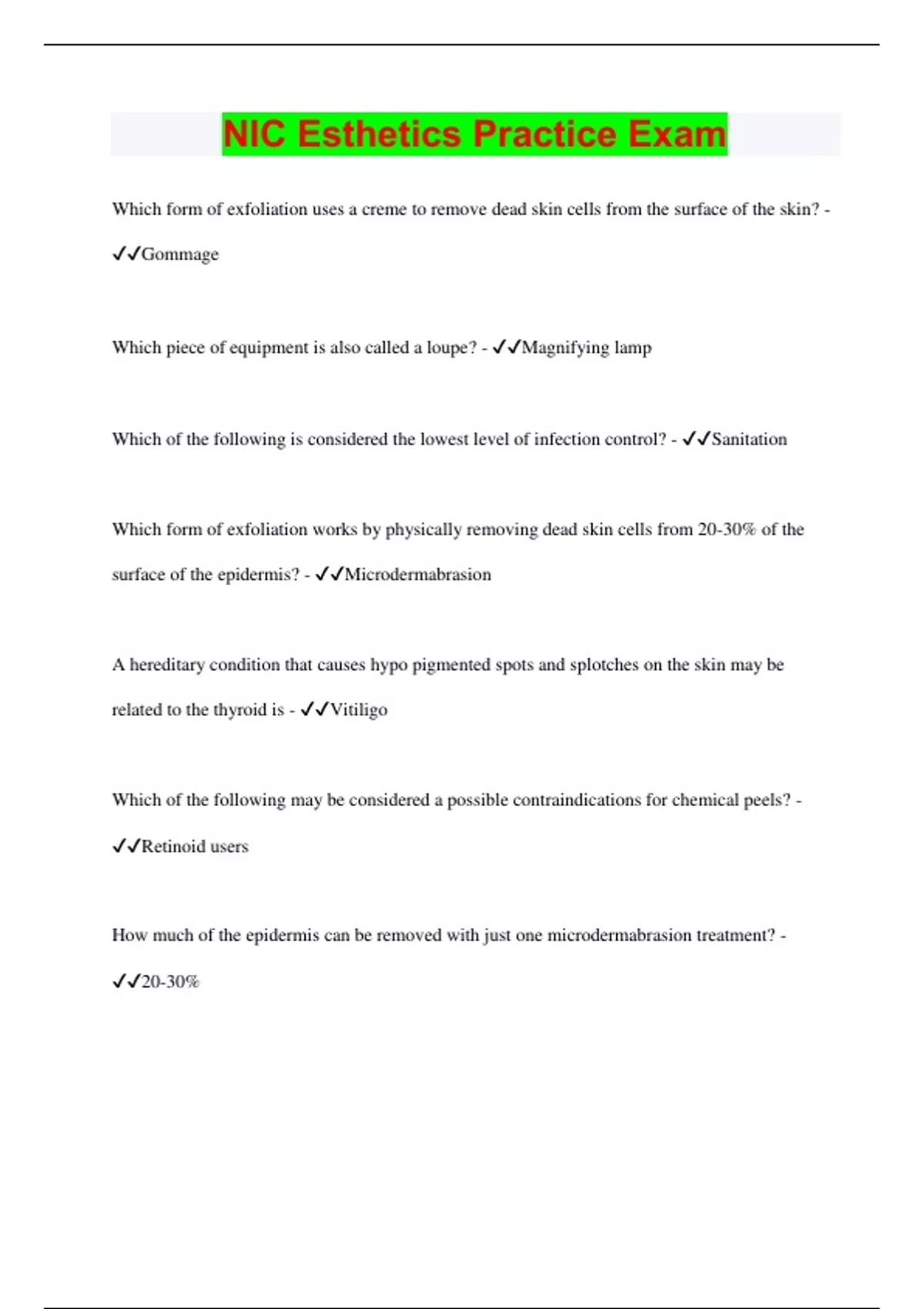 NIC Esthetics Practice Exam | 100 Questions with 100% Correct Answers ...