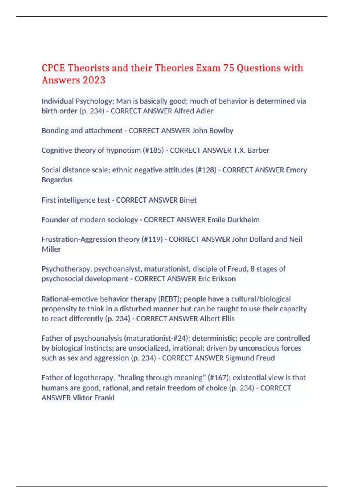 CPCE Theorists and their Theories Exam 75 Questions with Answers 2023 ...