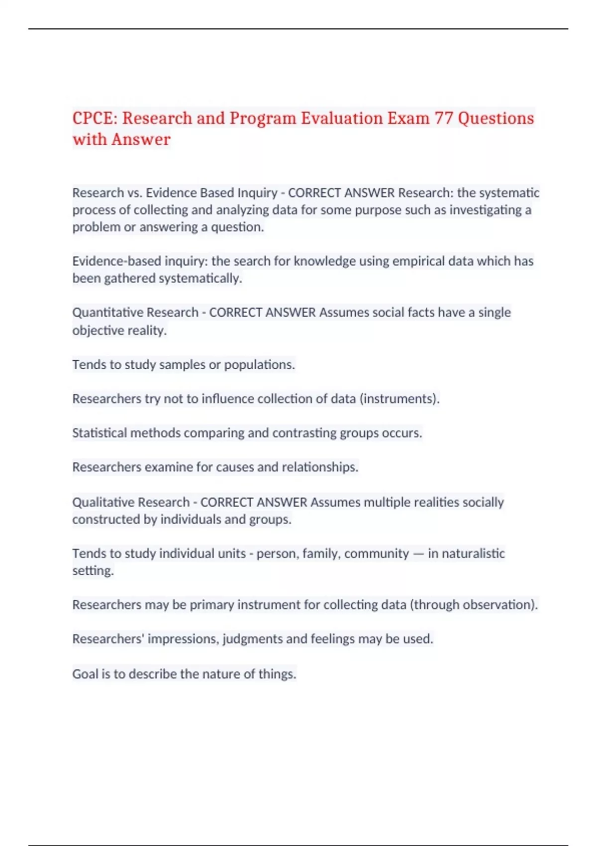 CPCE: Research and Program Evaluation Exam 77 Questions with Answer,100 ...