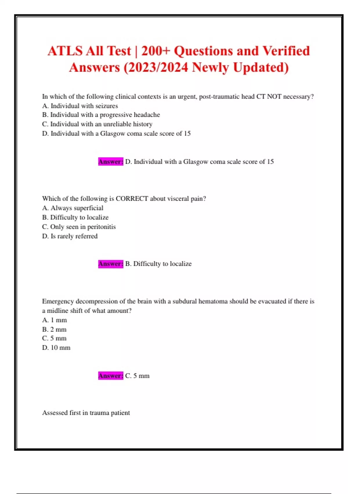 ATLS All Test | 200+ Questions and Verified Answers (2023/2024 Newly ...