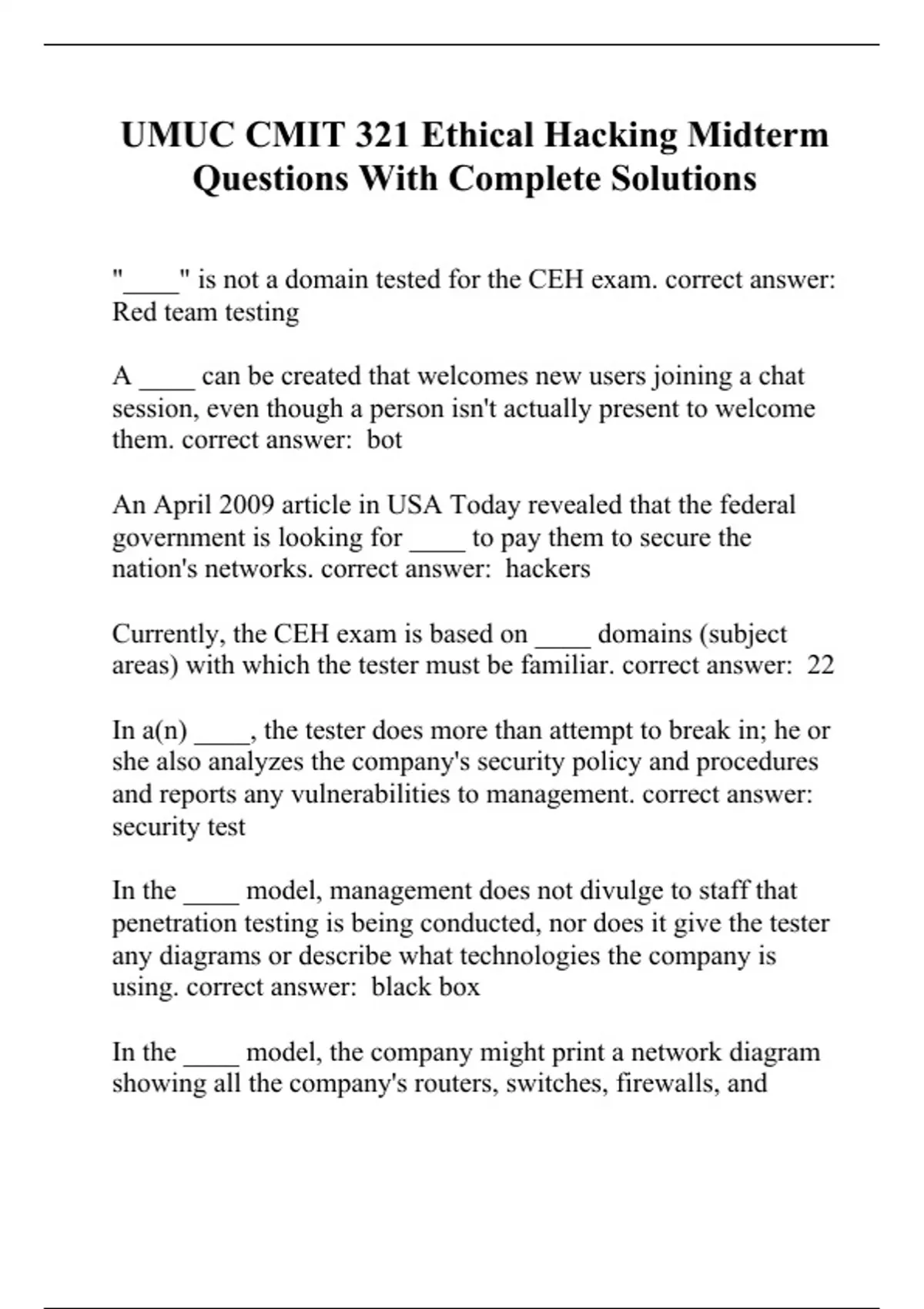 UMUC CMIT 321 Ethical Hacking Midterm Questions With Complete Solutions - CMIT - Stuvia US