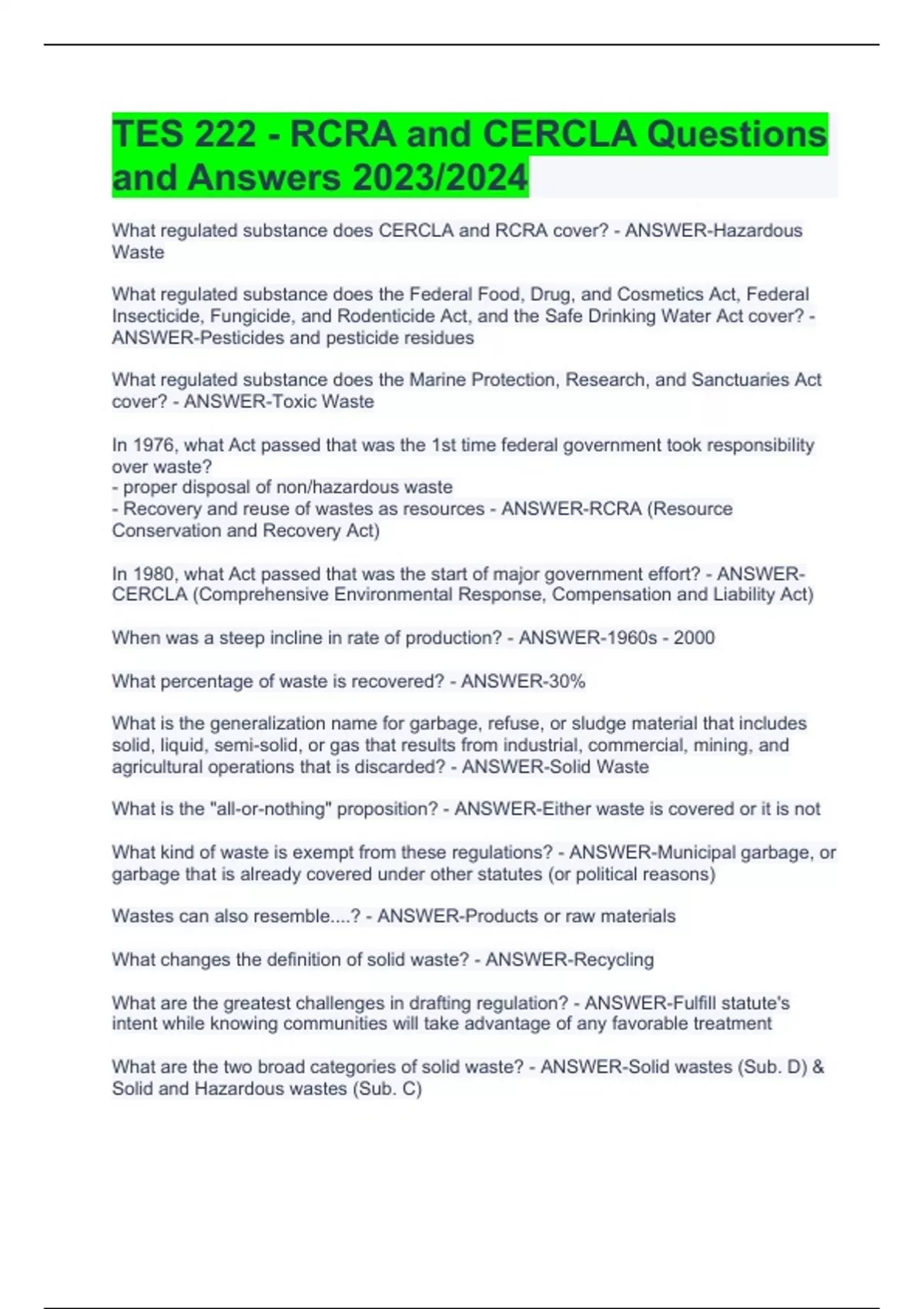 TES 222 - RCRA and CERCLA Questions and Answers 2023/2024 - RCRA ...