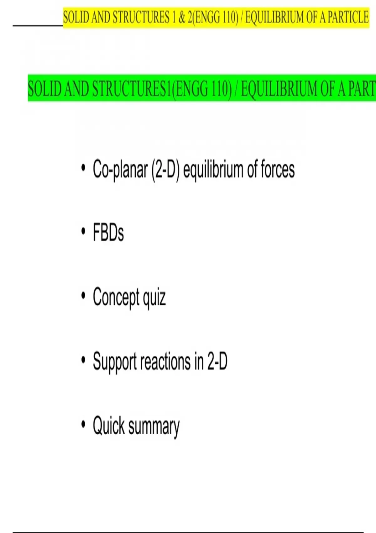 SOLID AND STRUCTURES 1 & 2QUILIBRIUM OF A PARTICLE &PIN-JOINTED FRAMES ...