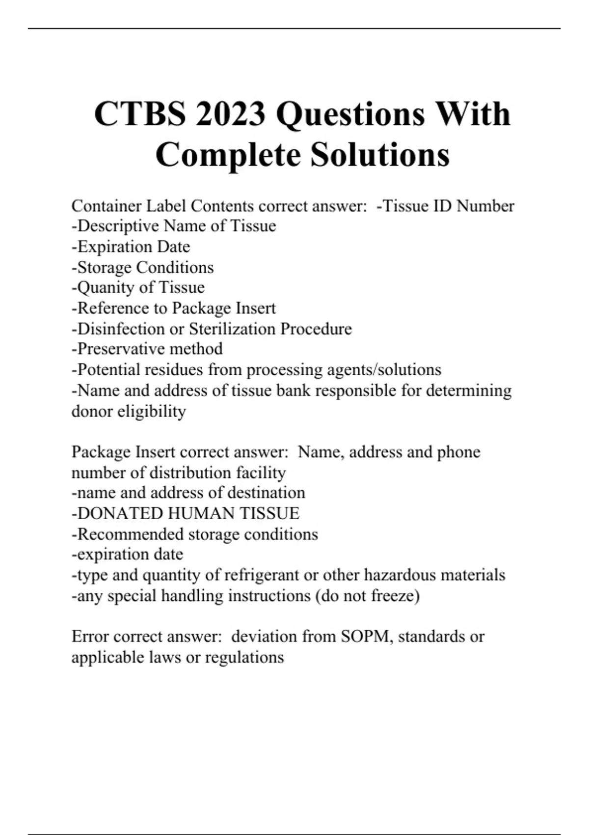 CTBS 2023 Questions With Complete Solutions - CTBS - Certified Tissue ...