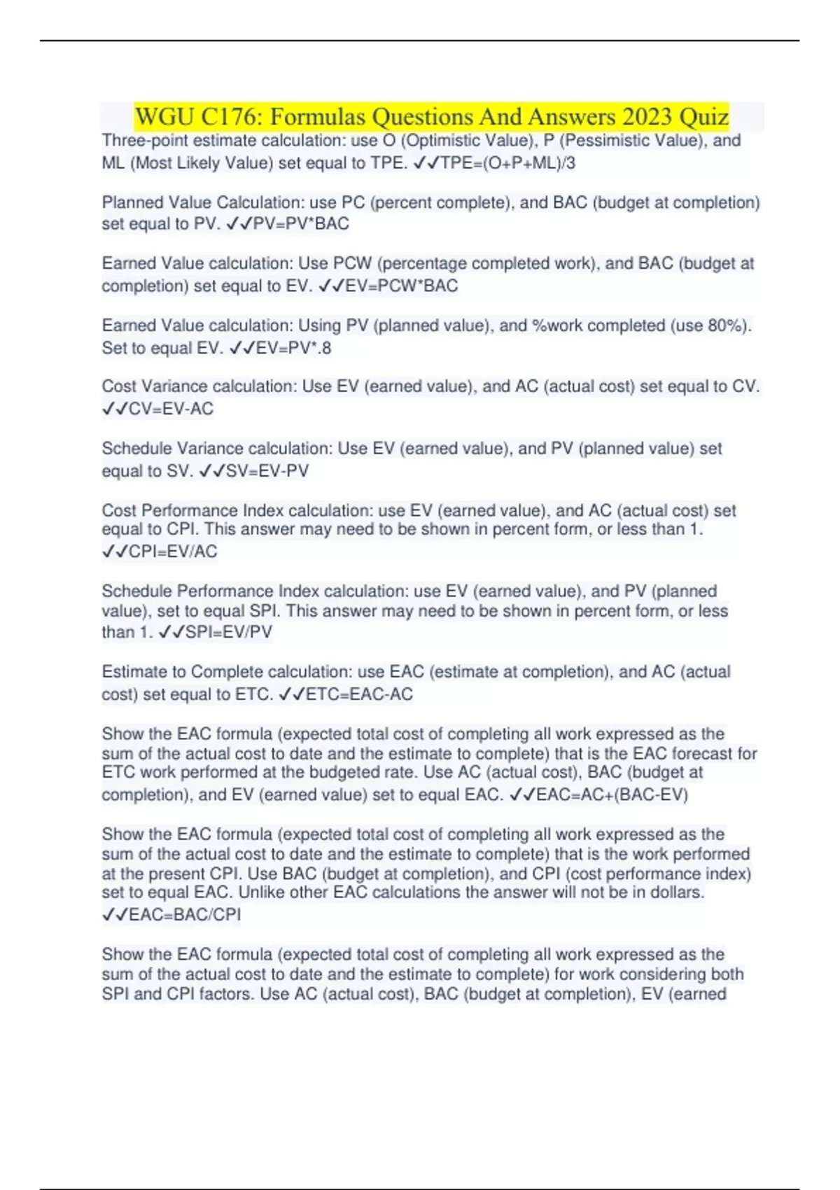 WGU C176: Formulas Questions And Answers 2023 Quiz - WGU C176 - Stuvia US