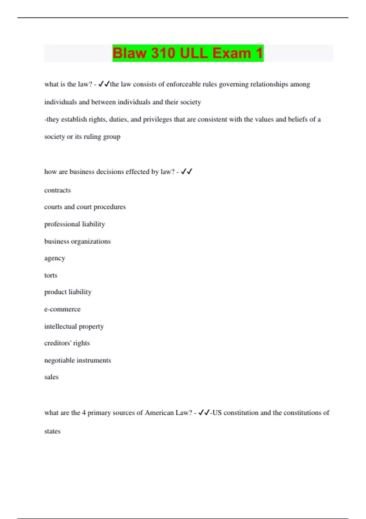 Blaw 310 ULL Exam 1 | 105 Questions with 100% Correct Answers | Updated & Verified - Blaw 310 ...