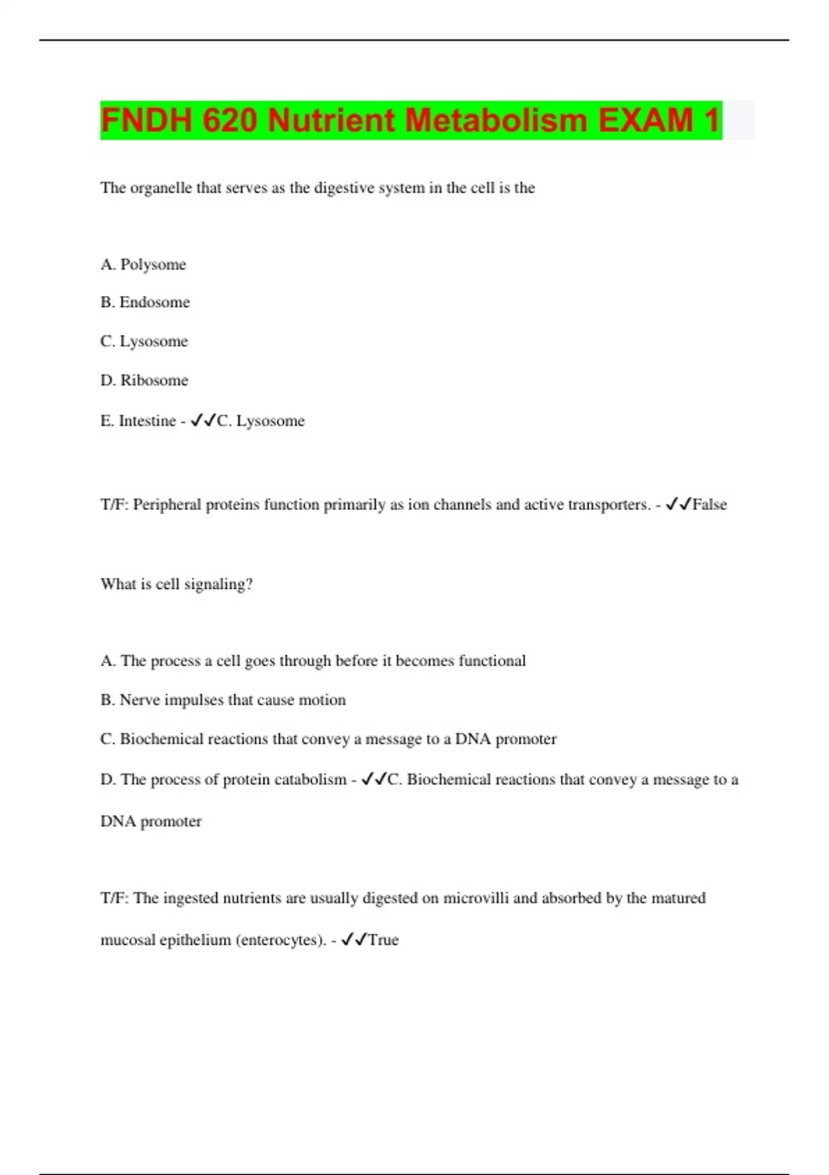 FNDH 620 Nutrient Metabolism EXAM 1 | Questions with 100% Correct ...