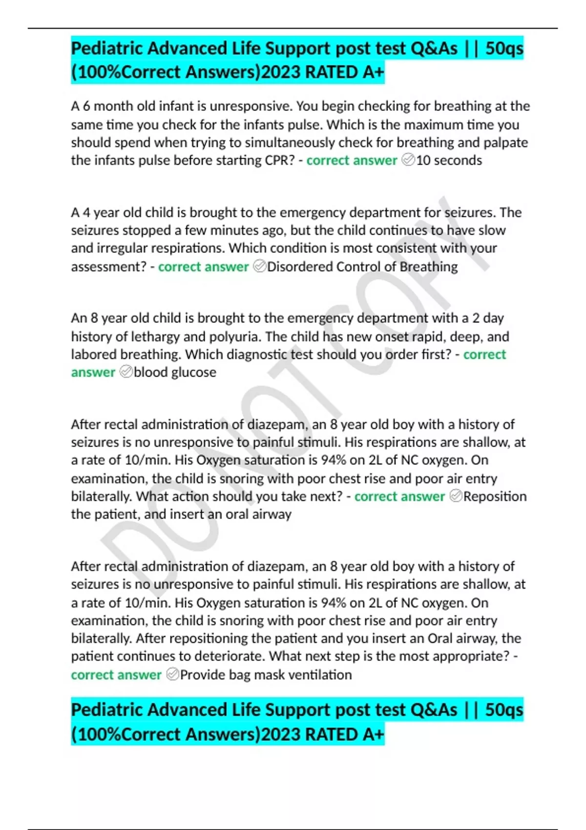 Pediatric Advanced Life Support post test Q&As || 50qs (100%Correct ...