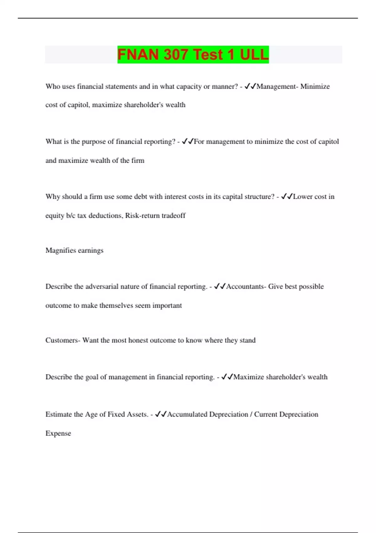 FNAN 307 Test 1 ULL | Questions with 100% Correct Answers | Updated ...
