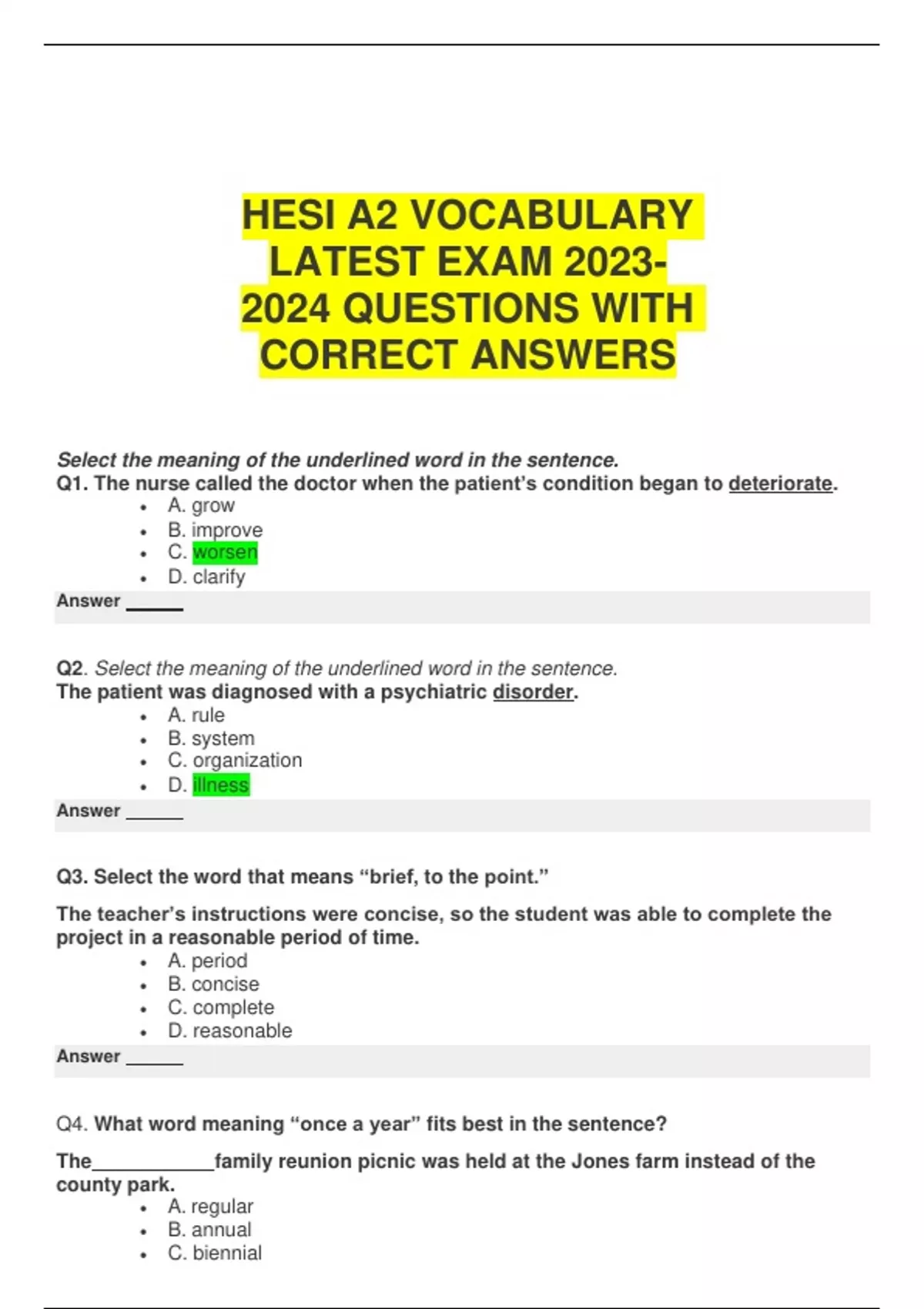 HESI A2 VOCABULARY LATEST EXAM QUESTIONS WITH CORRECT ANSWERS - HESI A2 ...