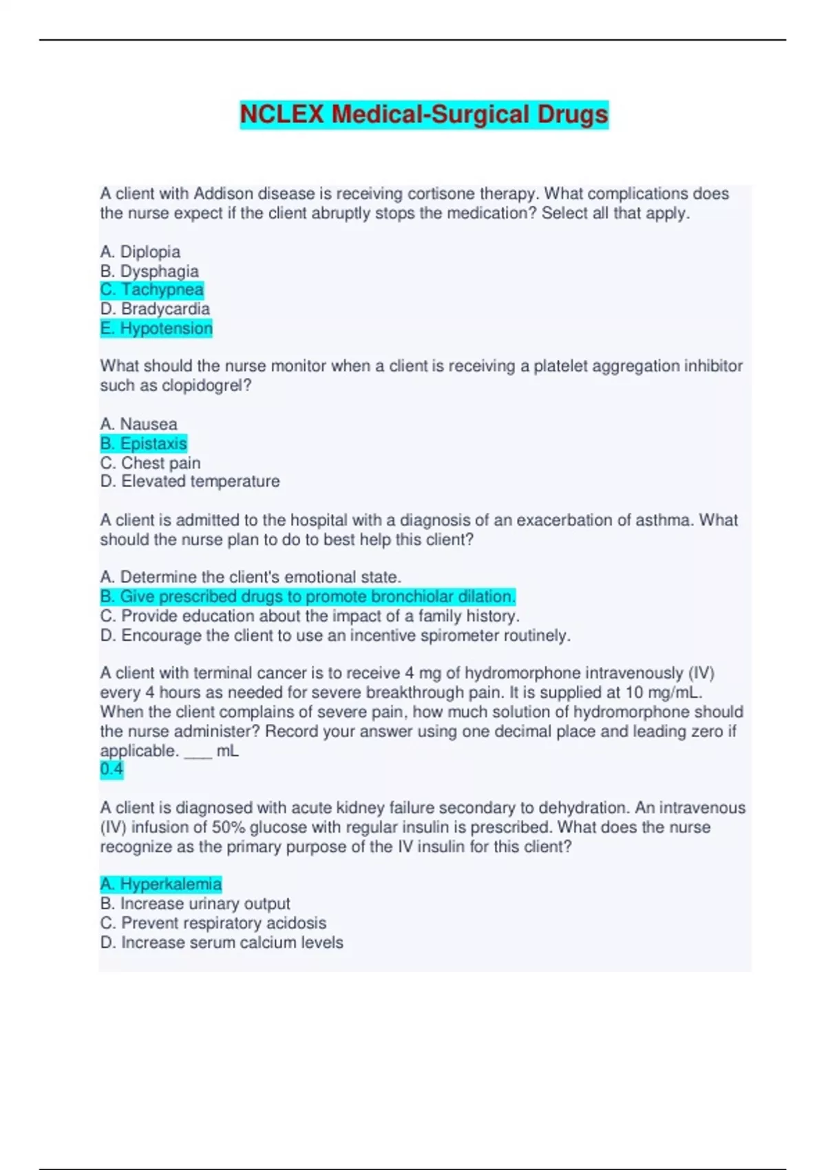 NCLEX Medical-Surgical Drugs - Questions and Answers - NCLEX Medical ...