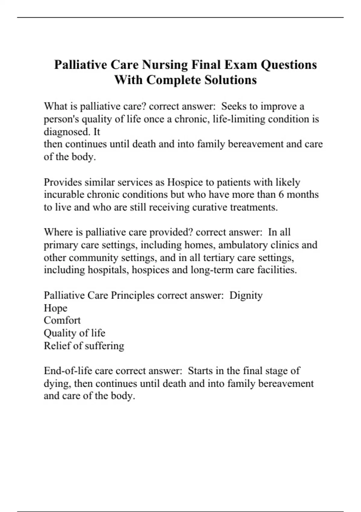 Palliative Care Nursing Final Exam Questions With Complete Solutions ...
