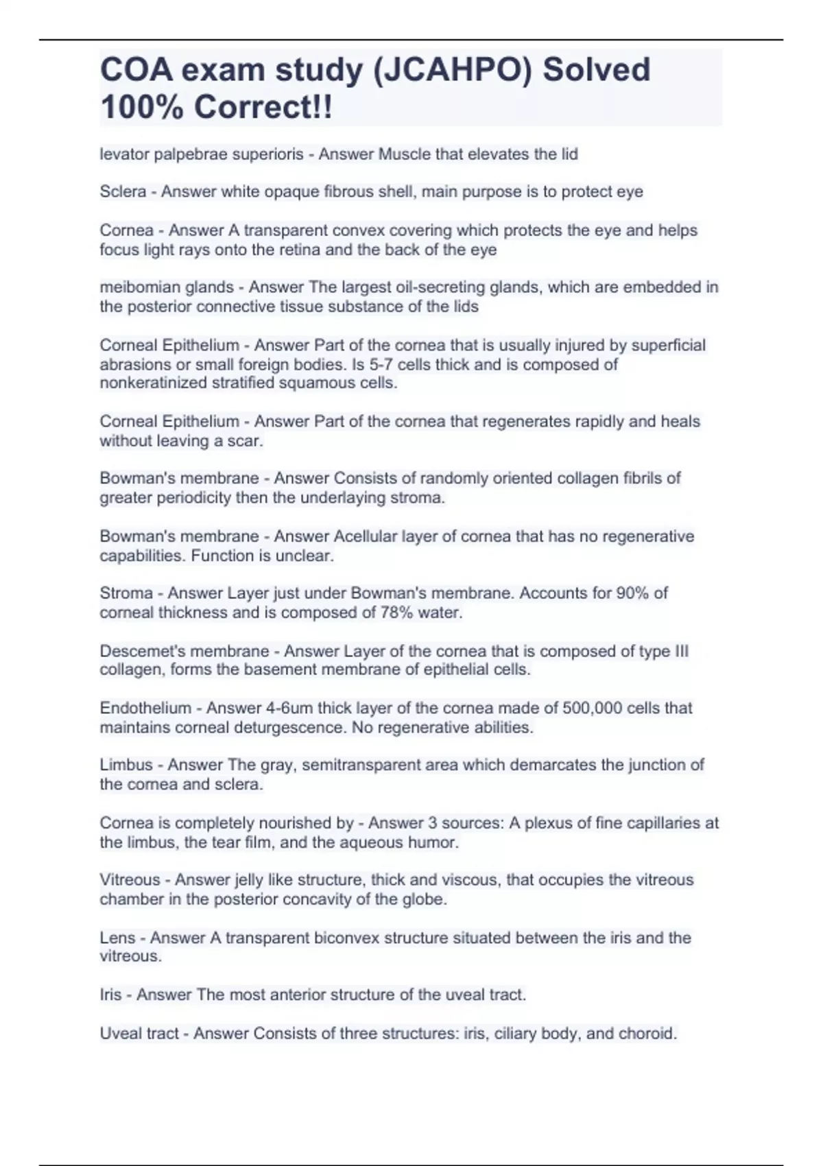 COA exam study (JCAHPO) Solved 100% Correct!! - COA - Stuvia US