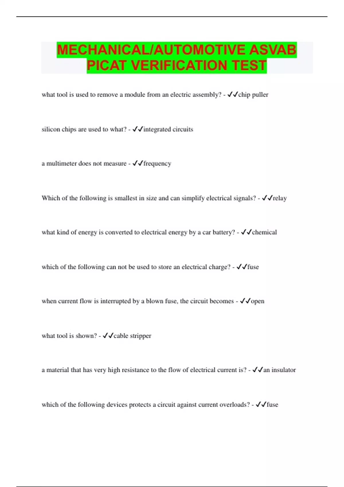 MECHANICAL/AUTOMOTIVE ASVAB PICAT VERIFICATION TEST | 40 Questions with ...