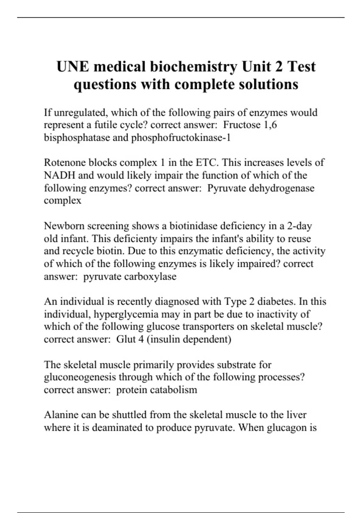 UNE medical biochemistry Unit 2 Test questions with complete solutions ...