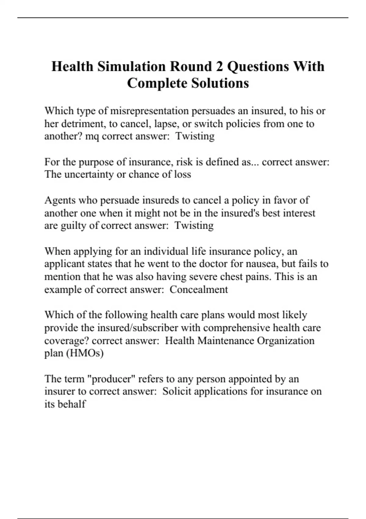 Health Simulation Round 2 Questions With Complete Solutions - CHSE ...