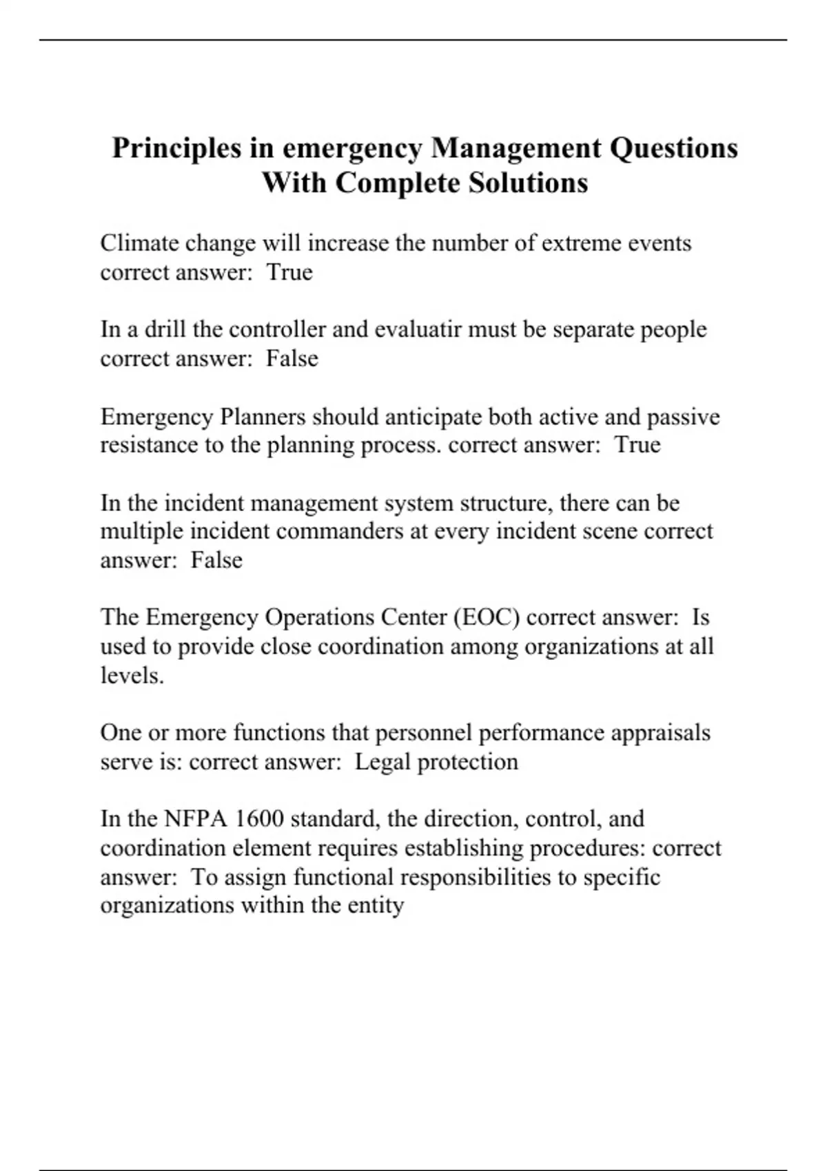 Principles in emergency Management Questions With Complete Solutions ...