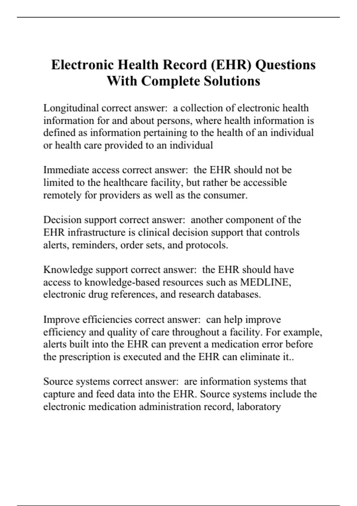 Electronic Health Record (EHR) Questions With Complete Solutions - EHR ...