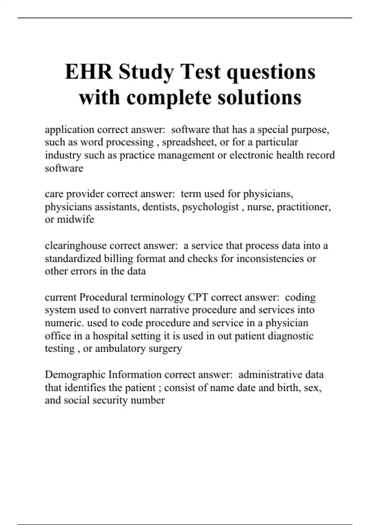 EHR Study Test questions with complete solutions - EHR - Stuvia US