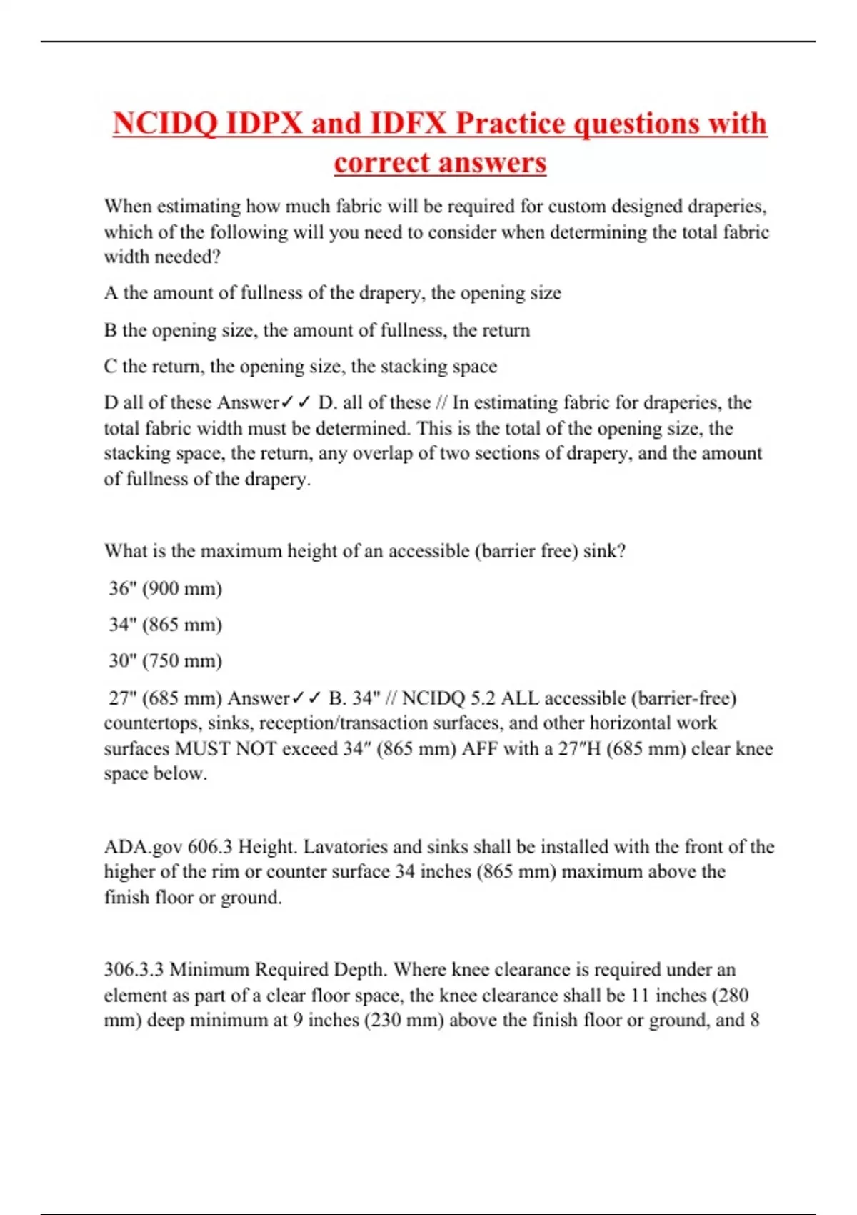 NCIDQ IDPX and IDFX Practice questions with correct answers - NCIDQ ...