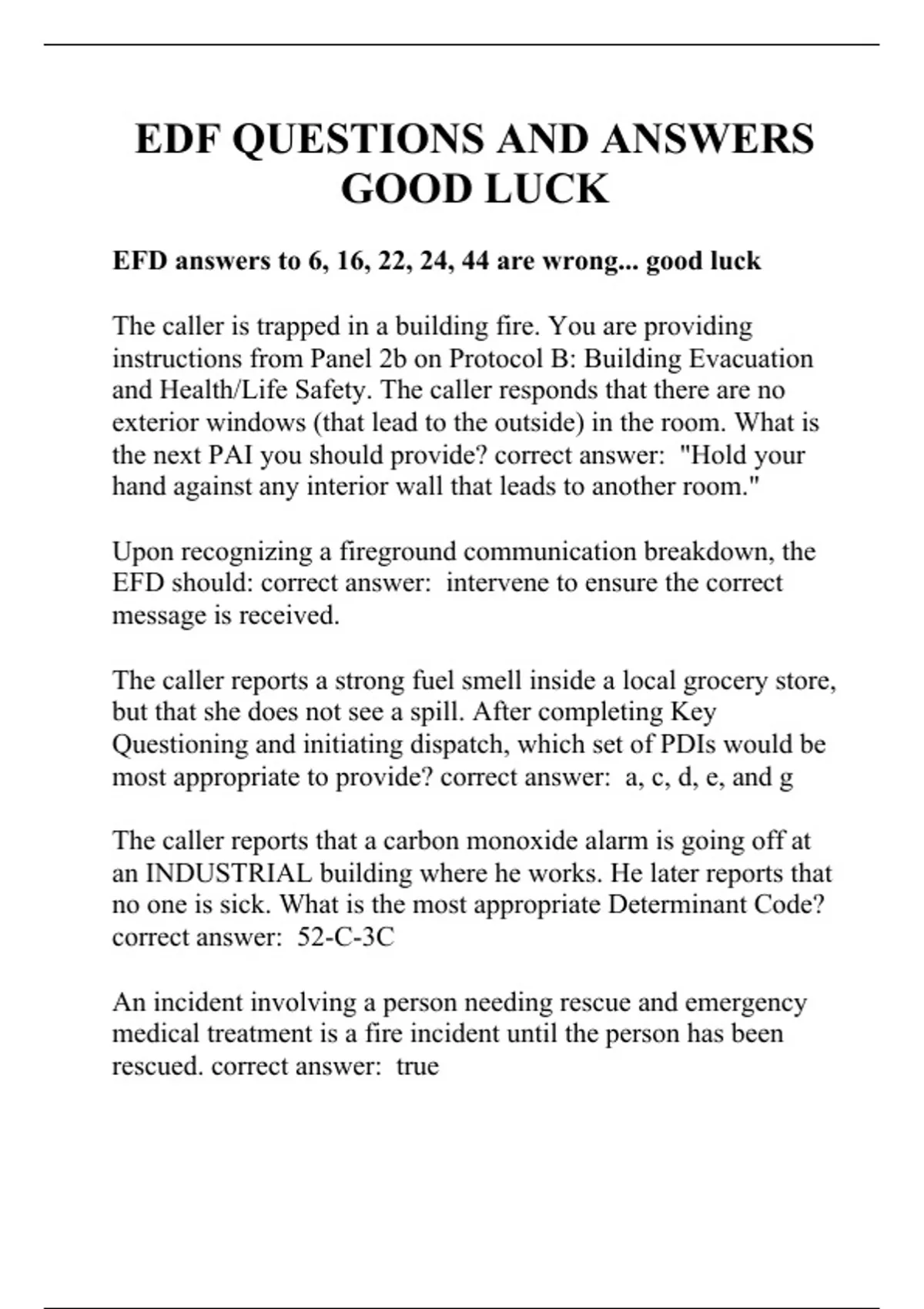 EDF QUESTIONS AND ANSWERS GOOD LUCK - EMERGENCY FIRE DISPATCH - Stuvia US