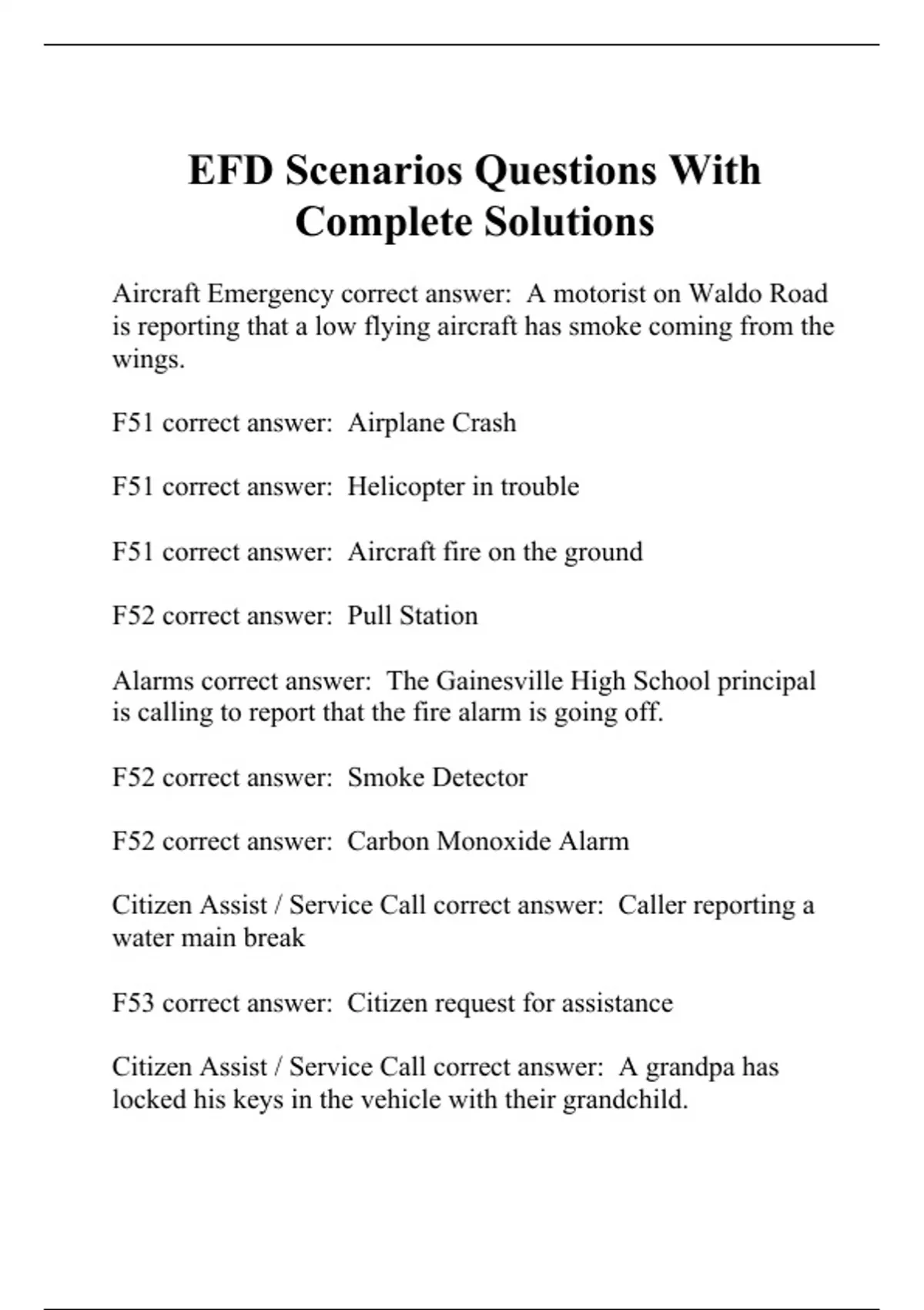 EFD Scenarios Questions With Complete Solutions - Emergency fire ...