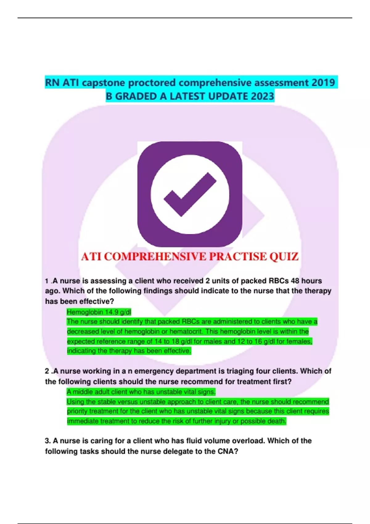 RN ATI capstone proctored comprehensive assessment 2019 B GRADED A ...