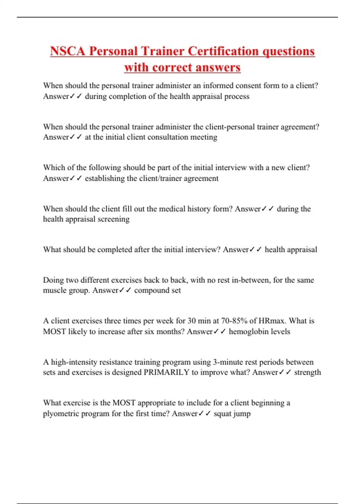 NSCA Personal Trainer Certification questions with correct answers ...