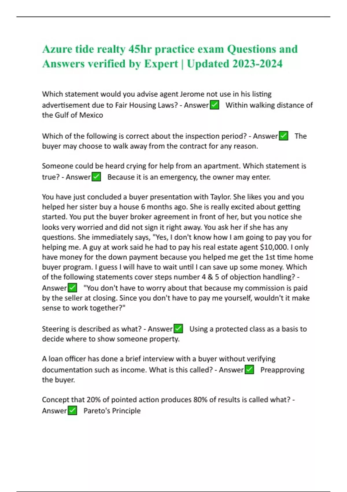 Azure tide realty 45hr practice exam Questions and Answers verified by ...