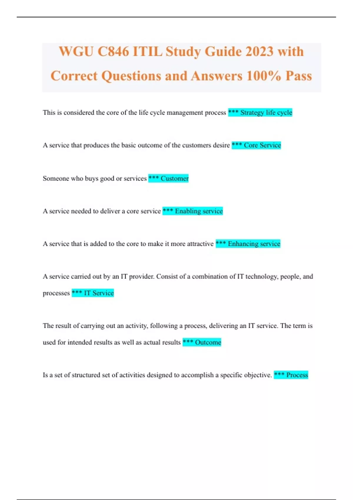 WGU C846 ITIL Study Guide 2023 with Correct Questions and Answers 100% ...