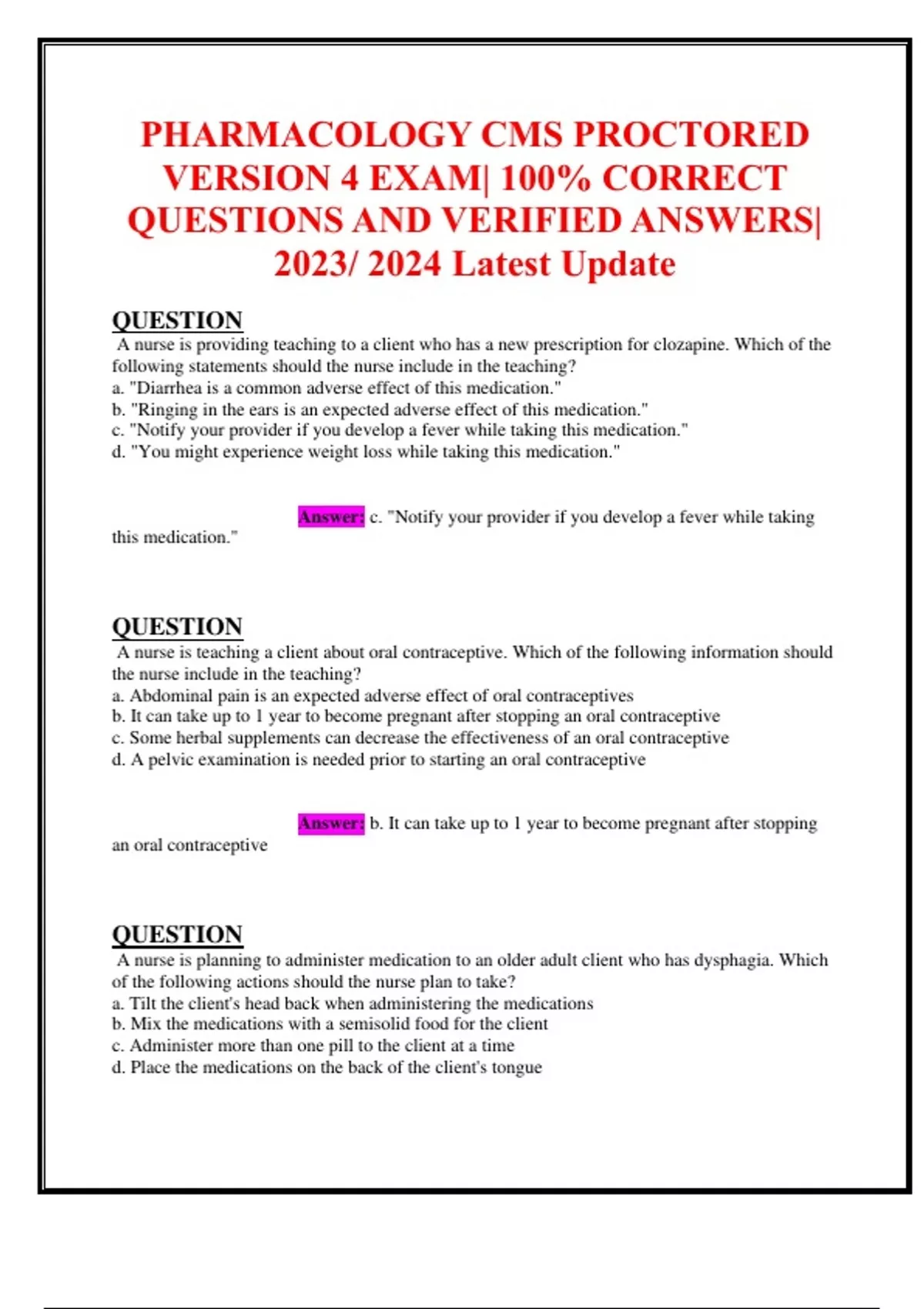 PHARMACOLOGY CMS PROCTORED VERSION 4 EXAM| 100% CORRECT QUESTIONS AND ...