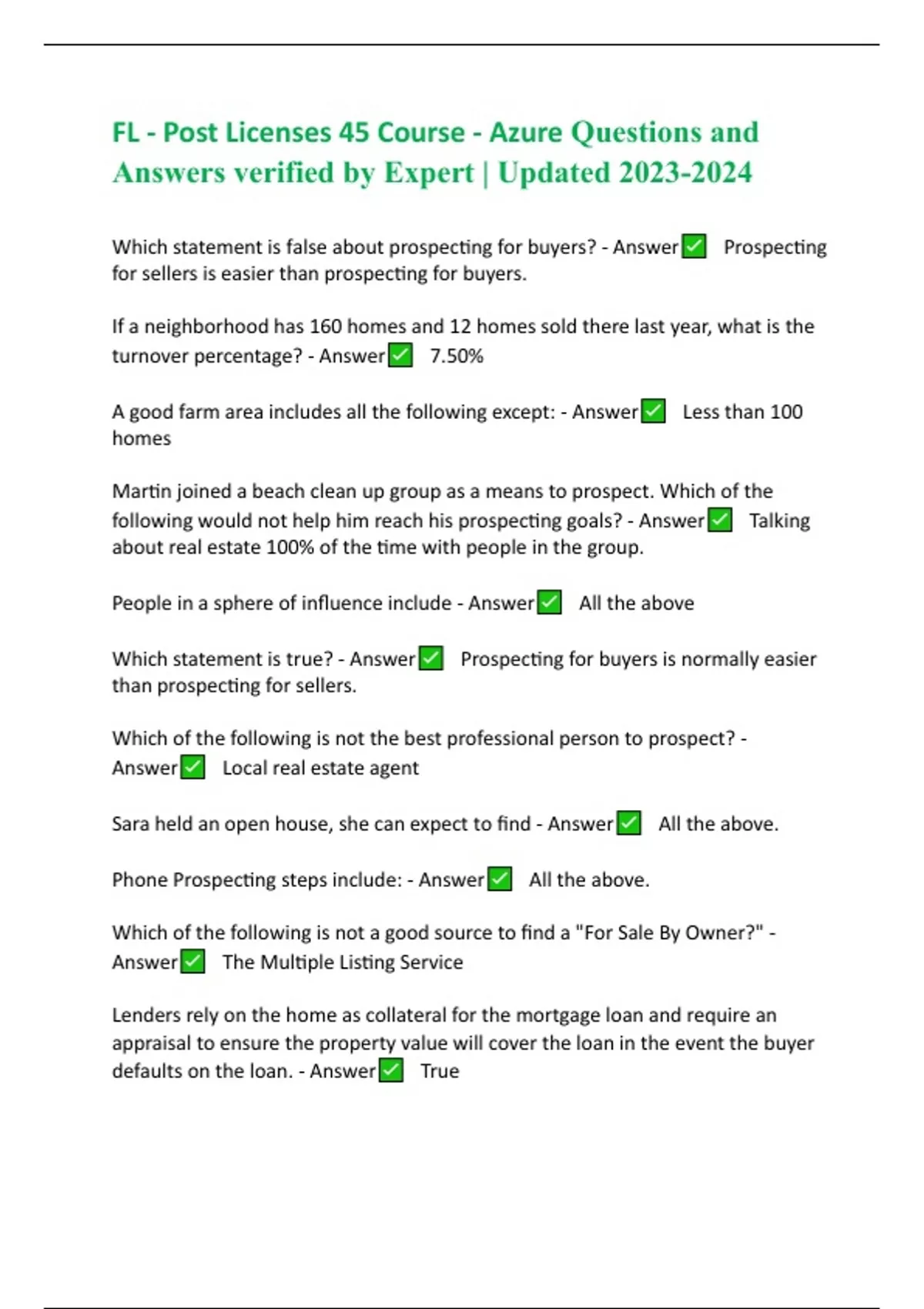 FL - Post Licenses 45 Course - Azure Questions and Answers verified by ...