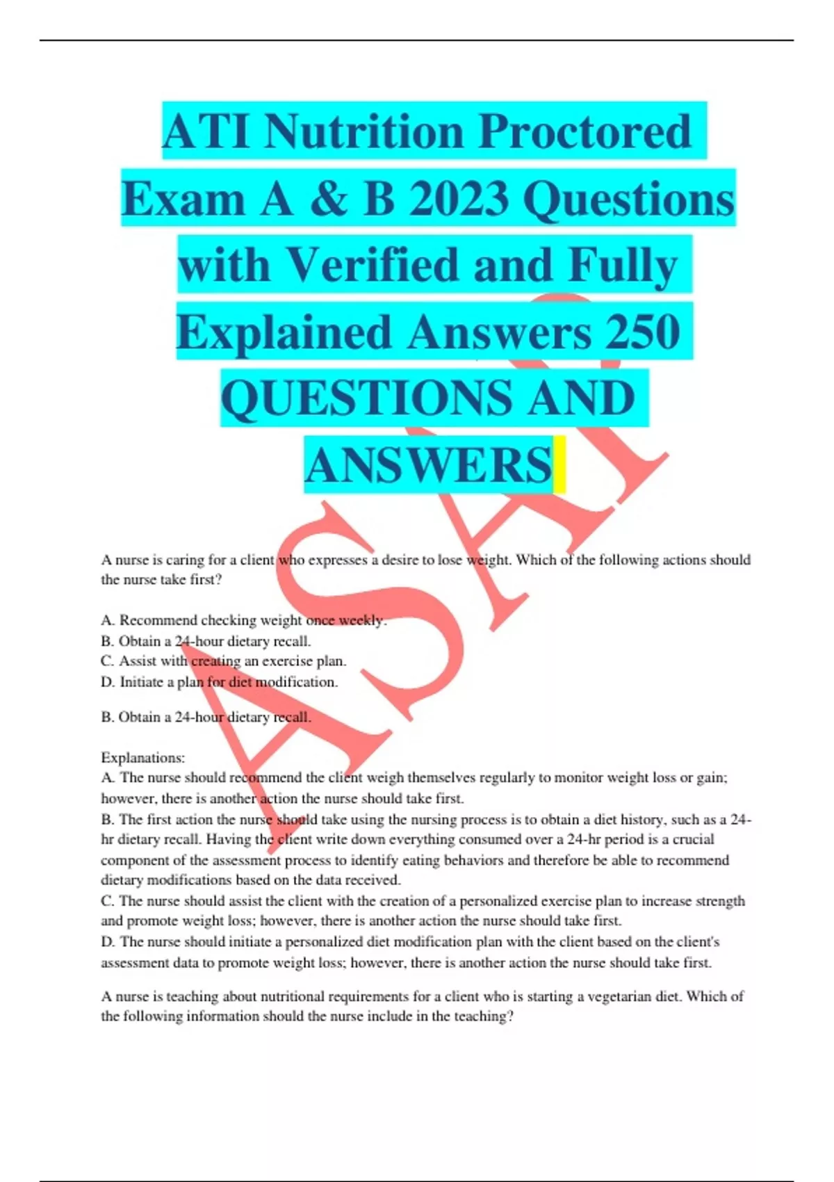 ATI Nutrition Proctored Exam A & B 2023 Questions with Verified and ...