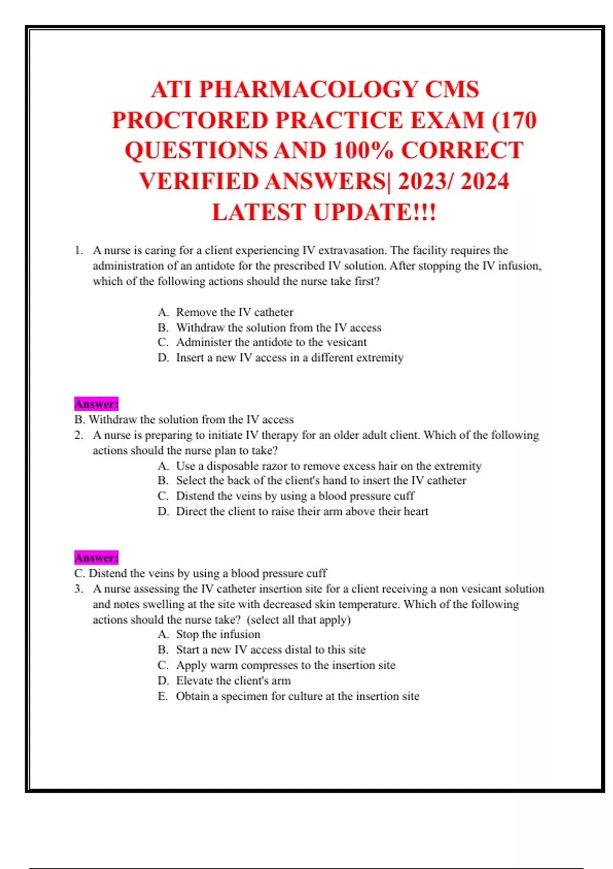 ATI PHARMACOLOGY CMS PROCTORED PRACTICE EXAM (170 QUESTIONS AND 100% ...
