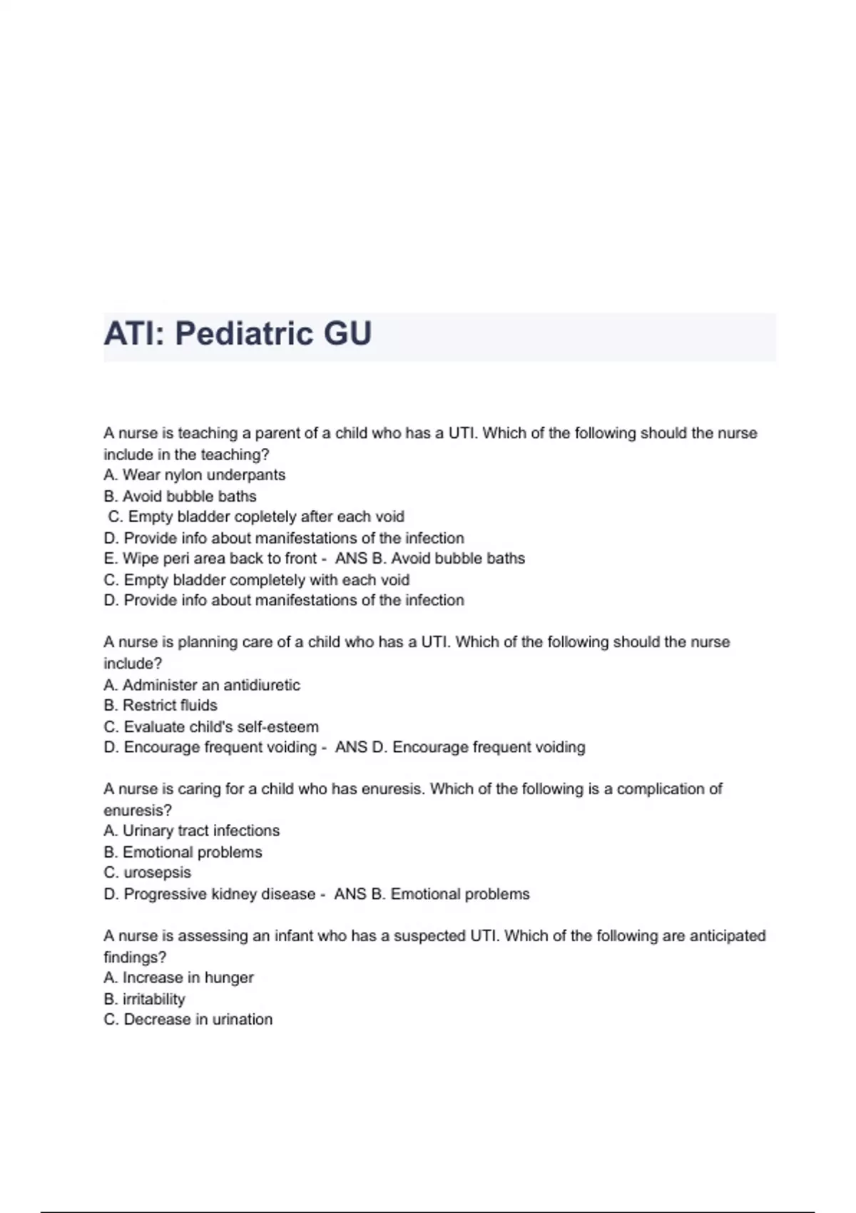 ATI: Pediatric GU Questions & Answers 2023 ( A+ GRADED 100% VERIFIED ...