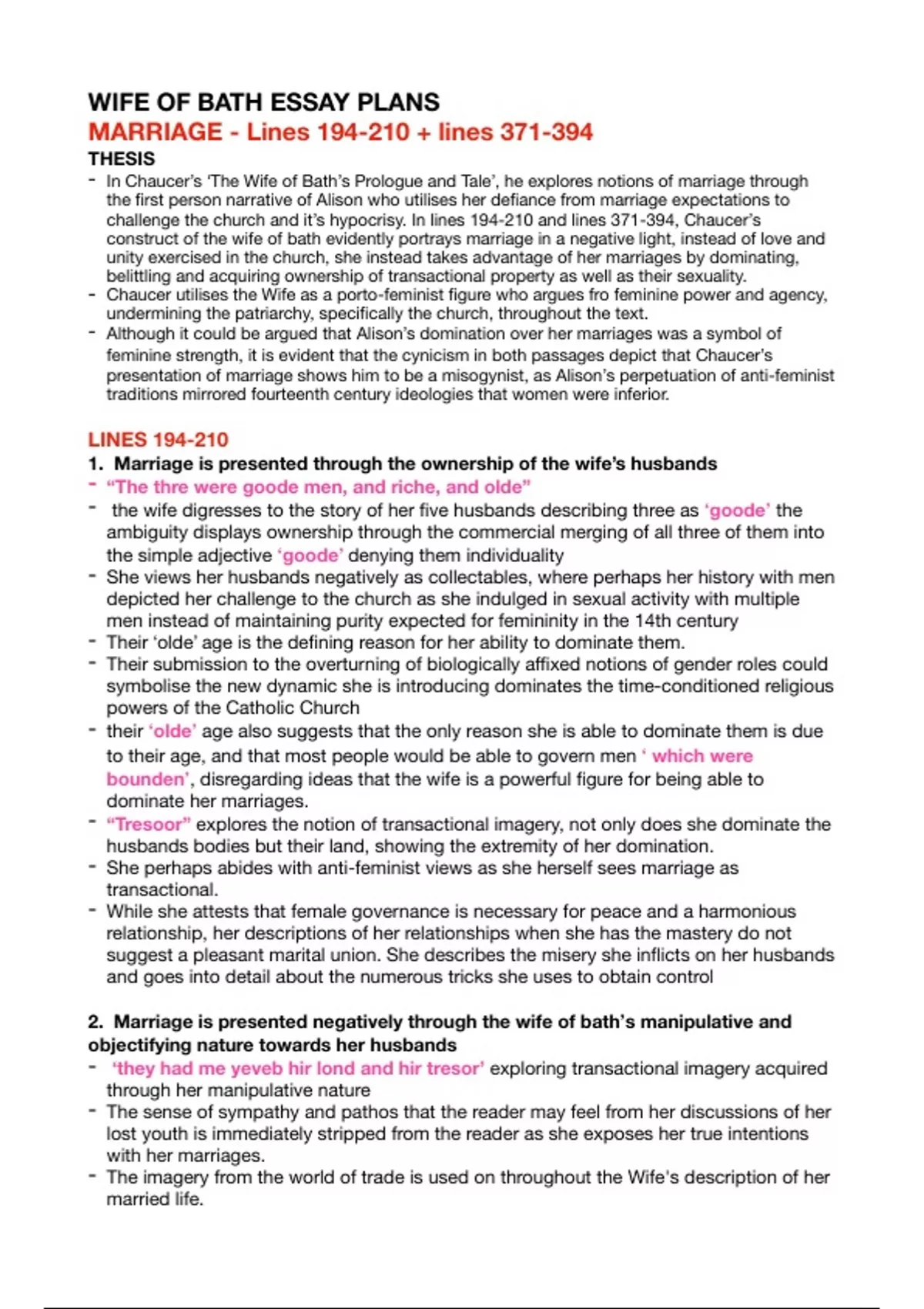 A Level Edexcel English Lit Paper 3 - The Wife of Bath Chaucer Essay ...