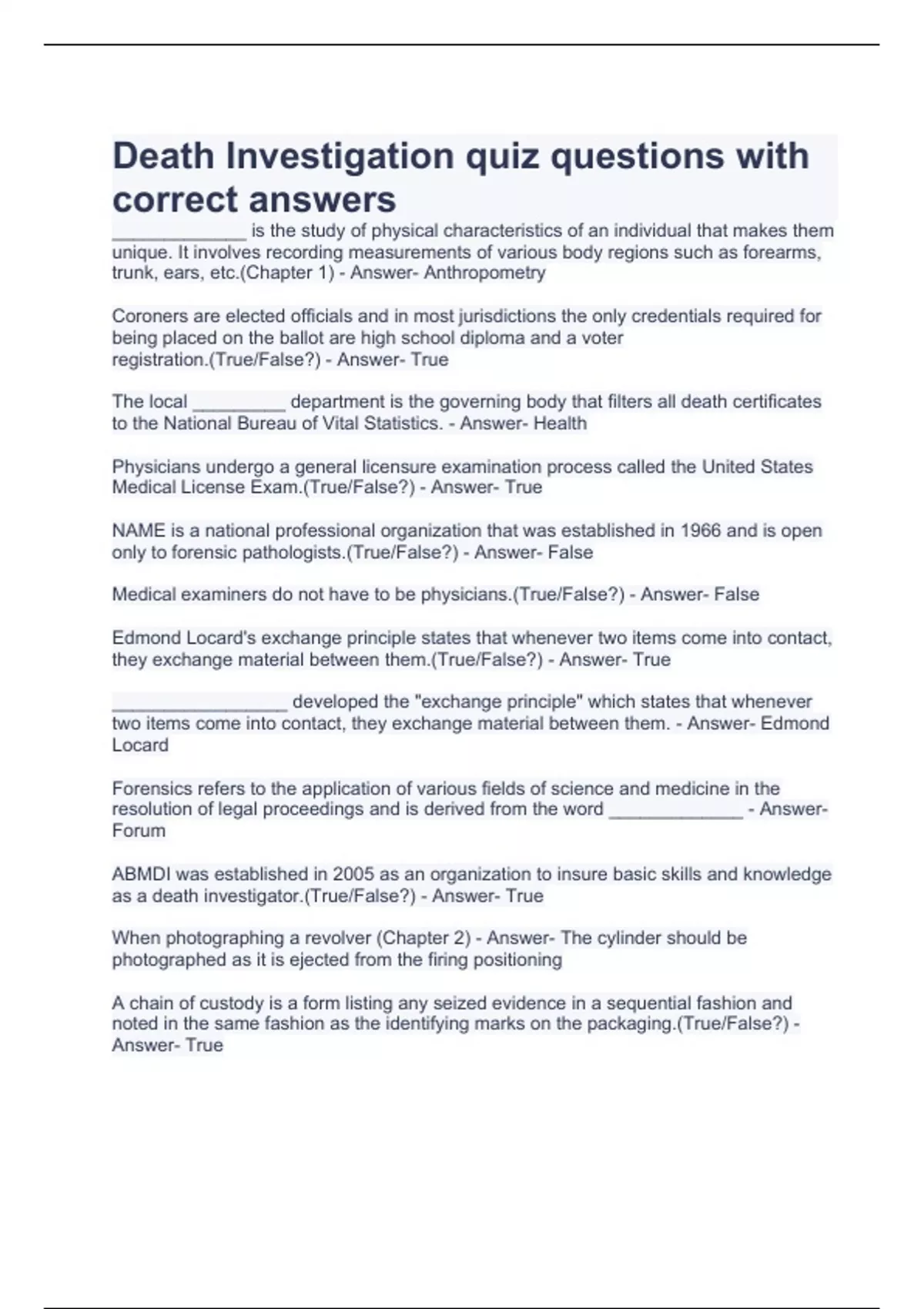 Death Investigation quiz questions with correct answers - Death ...