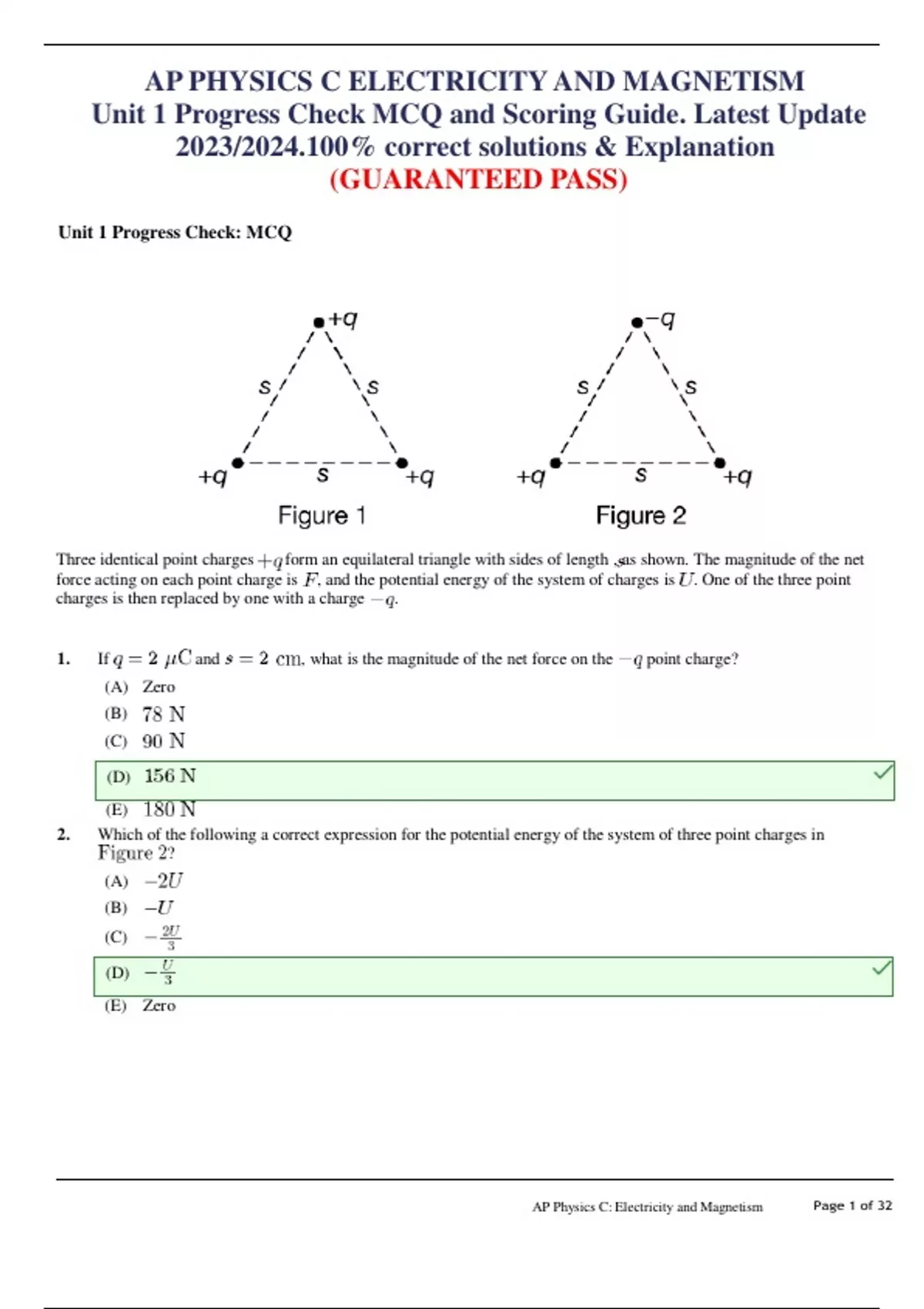 AP PHYSICS ELECTRICITY AND MAGNETISM Unit 1 Progress Check MCQ and ...