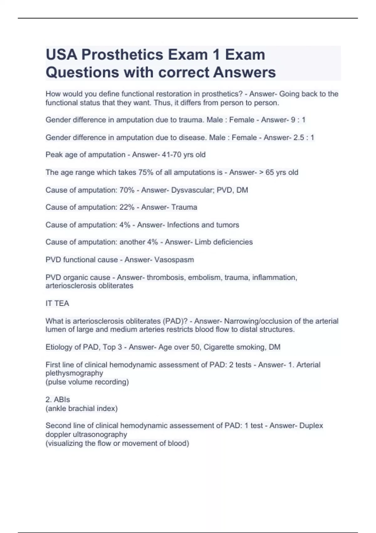 USA Prosthetics Exam 1 Exam Questions with correct Answers - USA ...