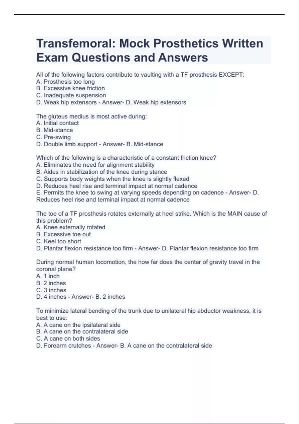 Transfemoral: Mock Prosthetics Written Exam Questions and Answers ...