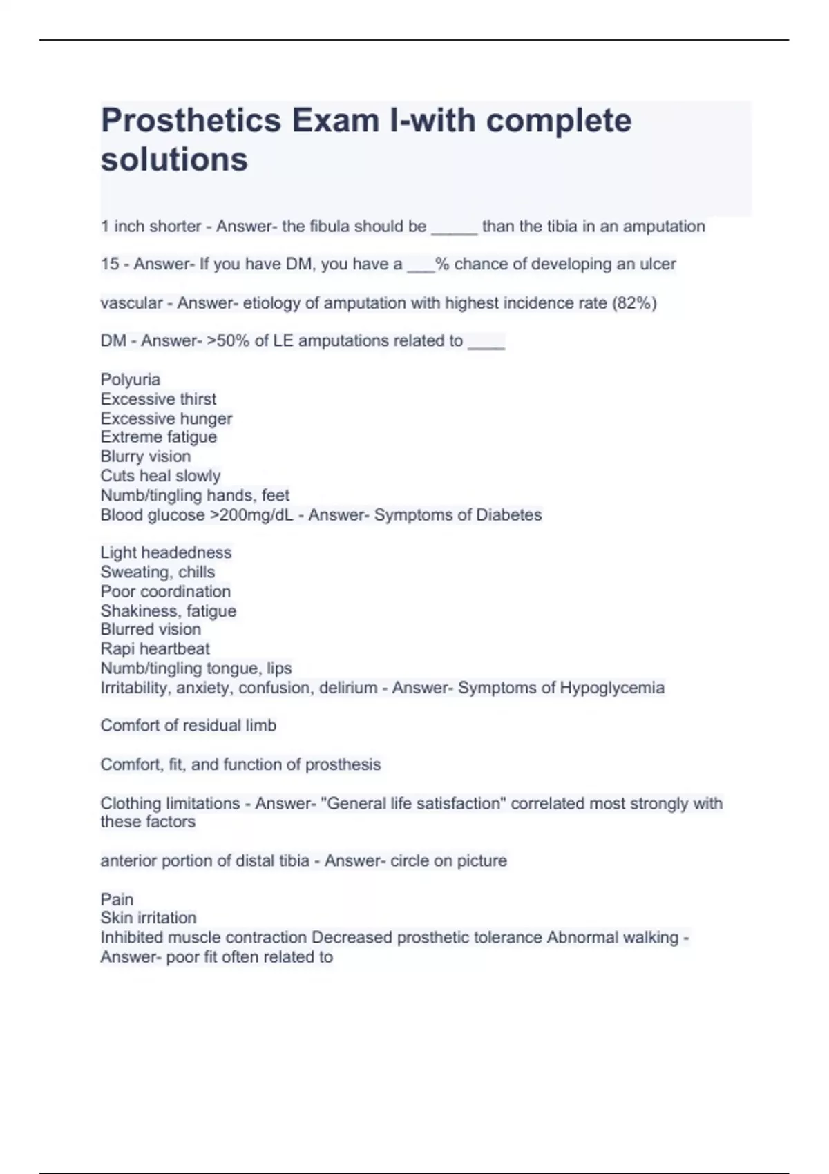 Prosthetics Exam I-with complete solutions - Prosthetics - Stuvia US