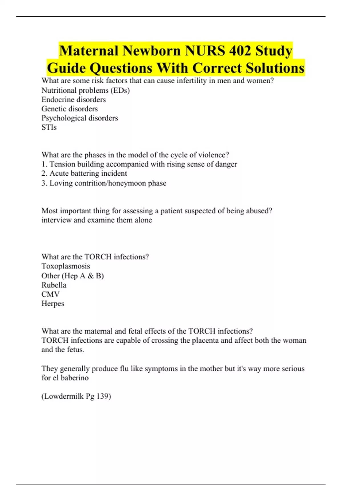 Maternal Newborn NURS 402 Study Guide Questions With Correct Solutions ...
