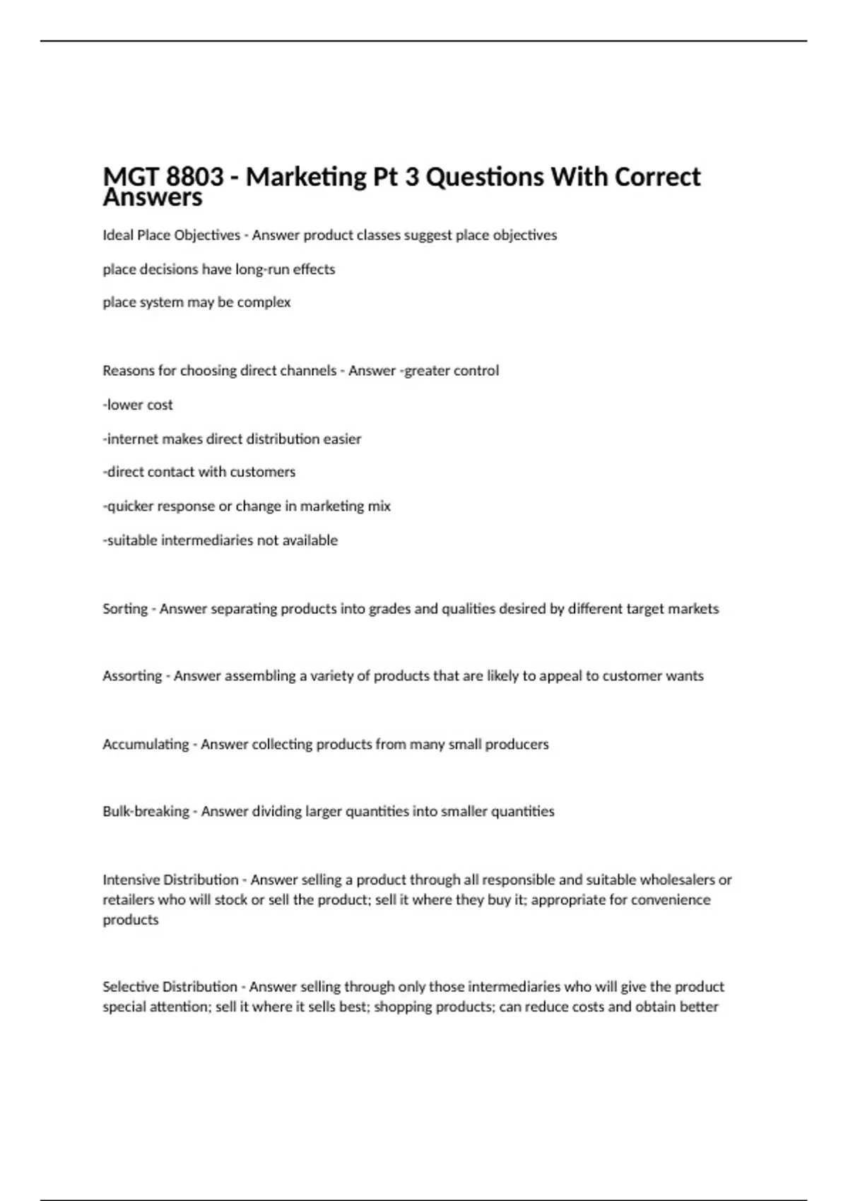 MGT 8803 - Marketing Pt 3 Questions With Correct Answers - MGT 8803 - Stuvia US