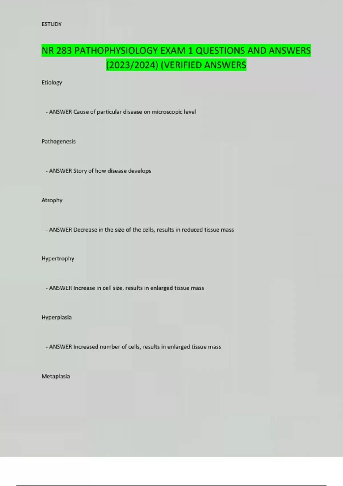 NR 283 PATHOPHYSIOLOGY EXAM 1 QUESTIONS AND ANSWERS (2023/2024 ...