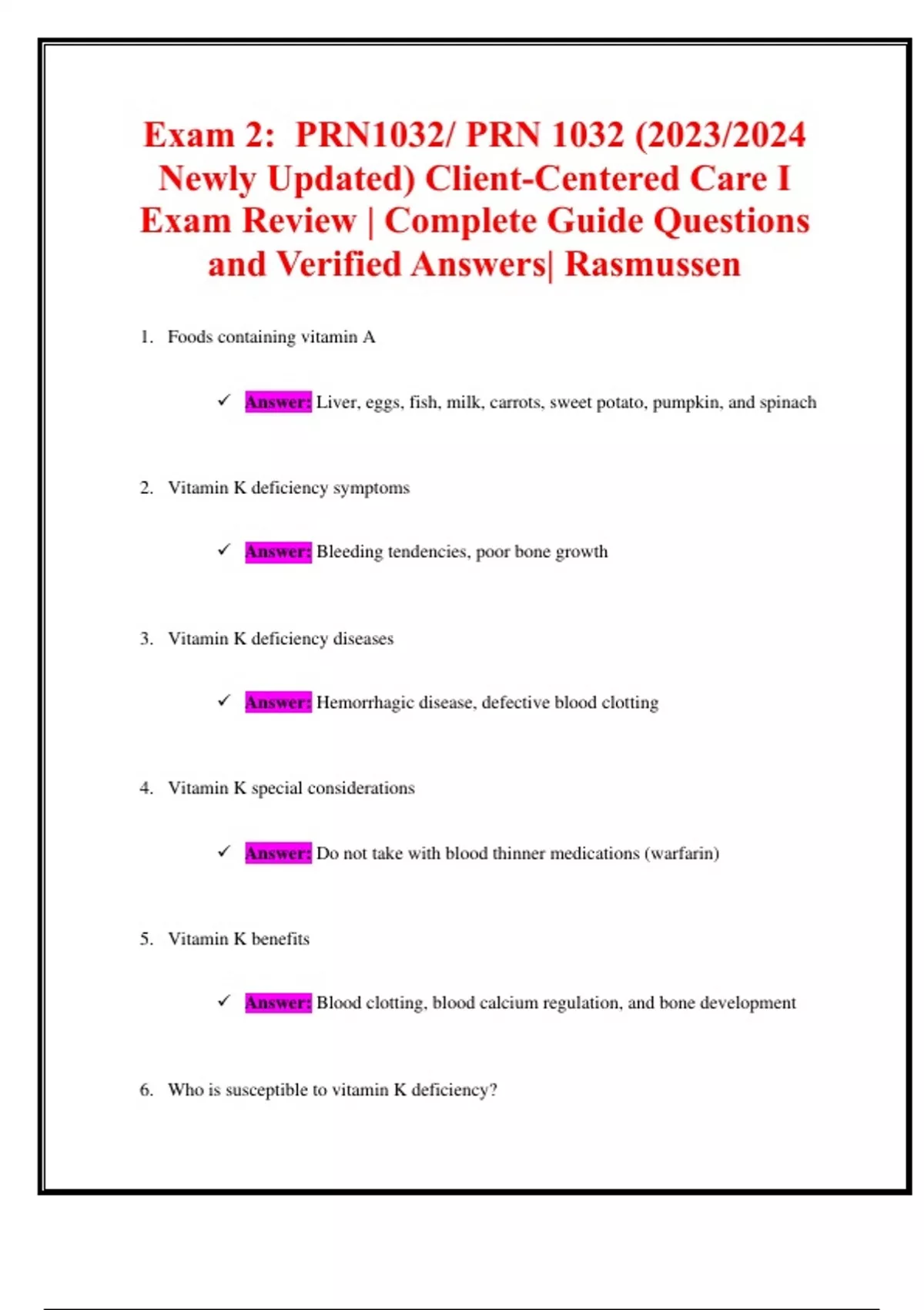 Exam 2: PRN1032/ PRN 1032 (2023/2024 Newly Updated) Client-Centered Care I Exam Review ...