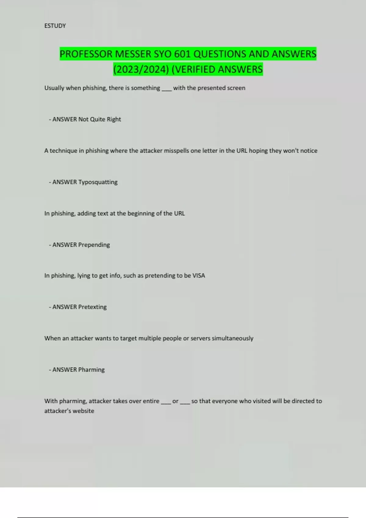PROFESSOR MESSER SYO 601 QUESTIONS AND ANSWERS (2023/2024) (VERIFIED ...