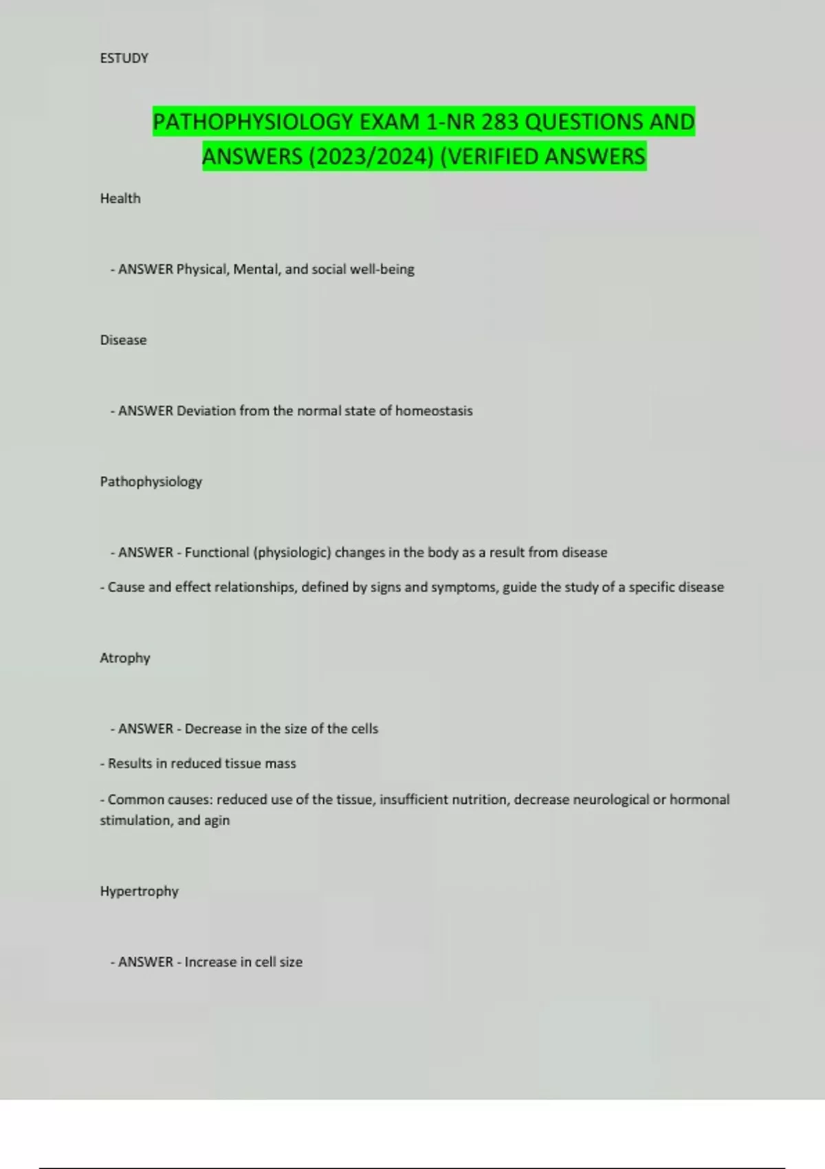PATHOPHYSIOLOGY EXAM 1-NR 283 QUESTIONS AND ANSWERS (2023/2024 ...