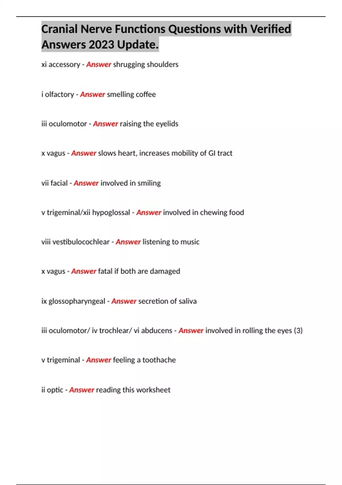 Cranial Nerve Functions Questions with Verified Answers 2023 Update ...